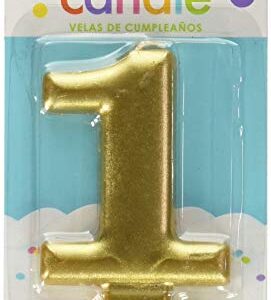 amscan Birthday Celebration, Numeral #1 Metallic Candle, Party Supplies, Gold, 3 1/4" - 170417