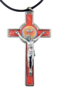 silver tone and orange enamel confirmation crucifix pendant, 3 inch