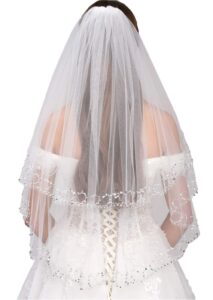 malishow 2 tiers beaded wedding veil sequin pearl edge bling bridal veils new white