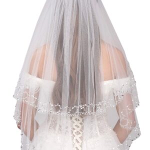 Malishow 2 Tiers Beaded Wedding Veil Sequin Pearl Edge Bling Bridal Veils New white