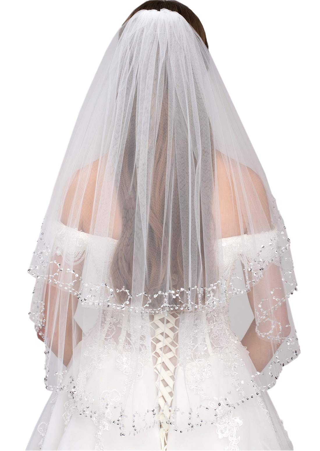 Malishow 2 Tiers Beaded Wedding Veil Sequin Pearl Edge Bling Bridal Veils New white