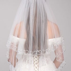 Malishow 2 Tiers Beaded Wedding Veil Sequin Pearl Edge Bling Bridal Veils New white