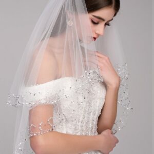 Malishow 2 Tiers Beaded Wedding Veil Sequin Pearl Edge Bling Bridal Veils New white