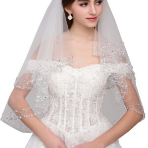 Malishow 2 Tiers Beaded Wedding Veil Sequin Pearl Edge Bling Bridal Veils New white