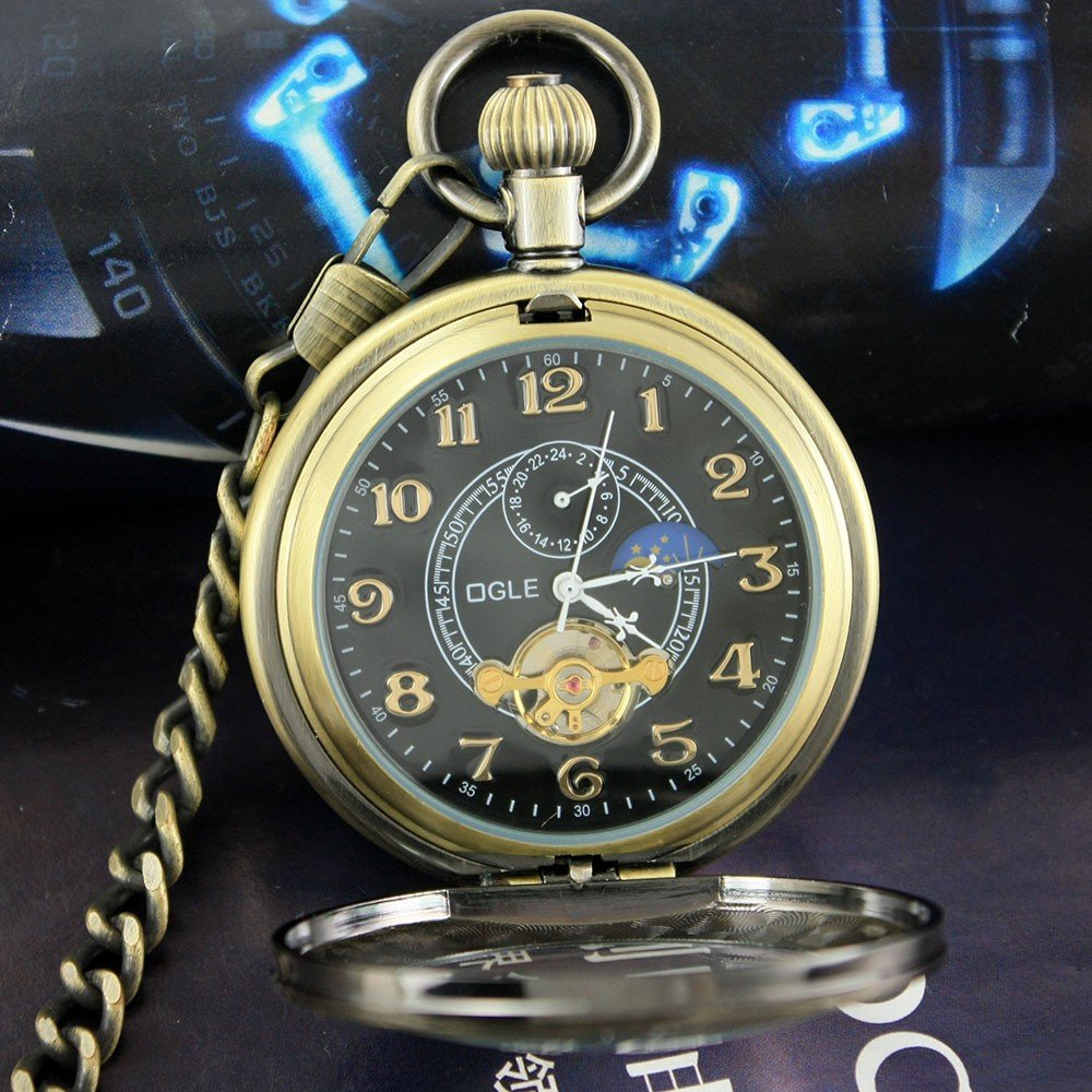 OGLE Waterproof Bronze Black Tourbillon Phases Moon Chain Fob Skeleton Automatic Mechanical Pocket Watch