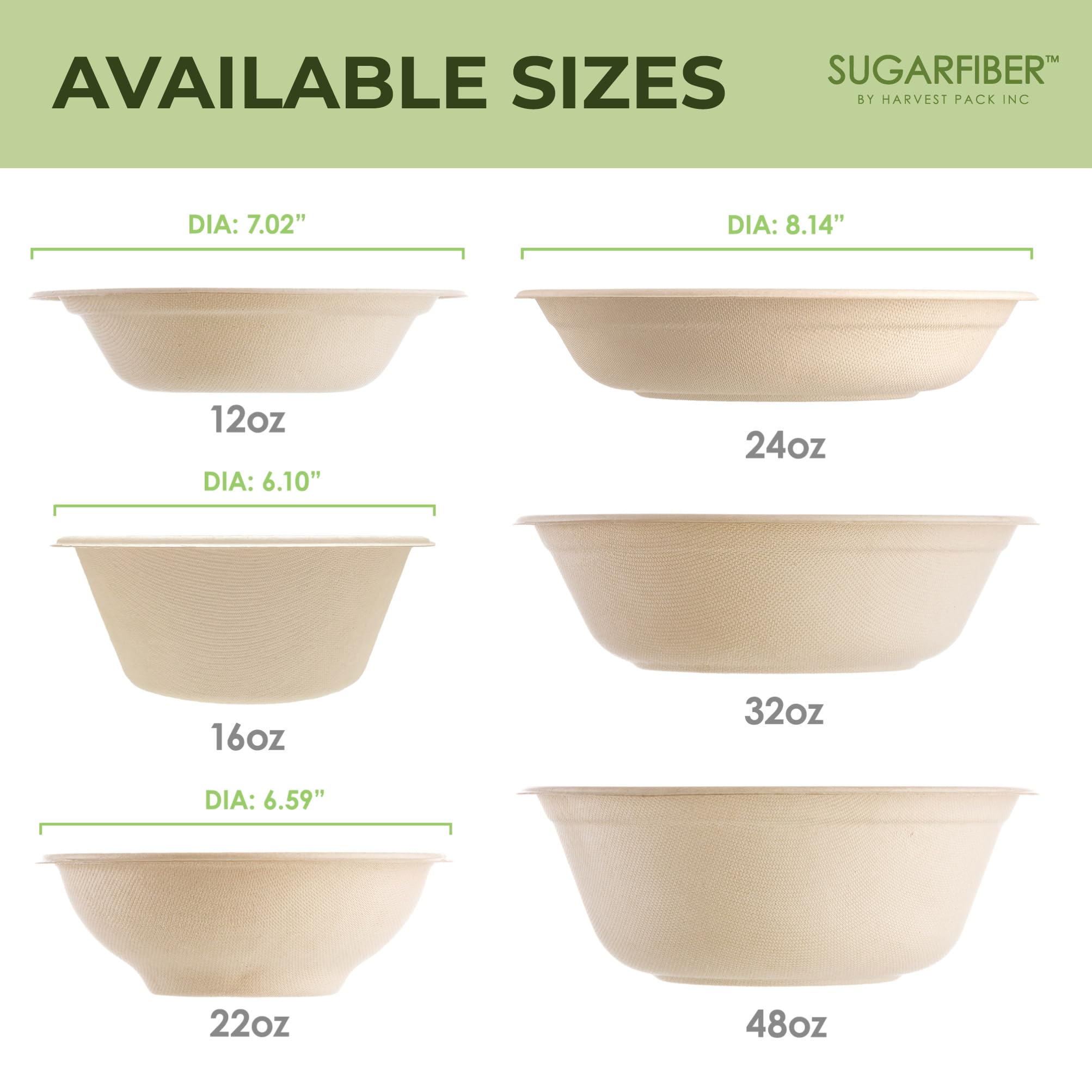 [50 Count] Harvest Pack PFAS Free 12oz Round Paper Bowls - Compostable Heavy-Duty Eco-Friendly Disposable Bagasse Bowls Sugarcane Natural Plant fibers for Meal Prep Takeout Dinnerware