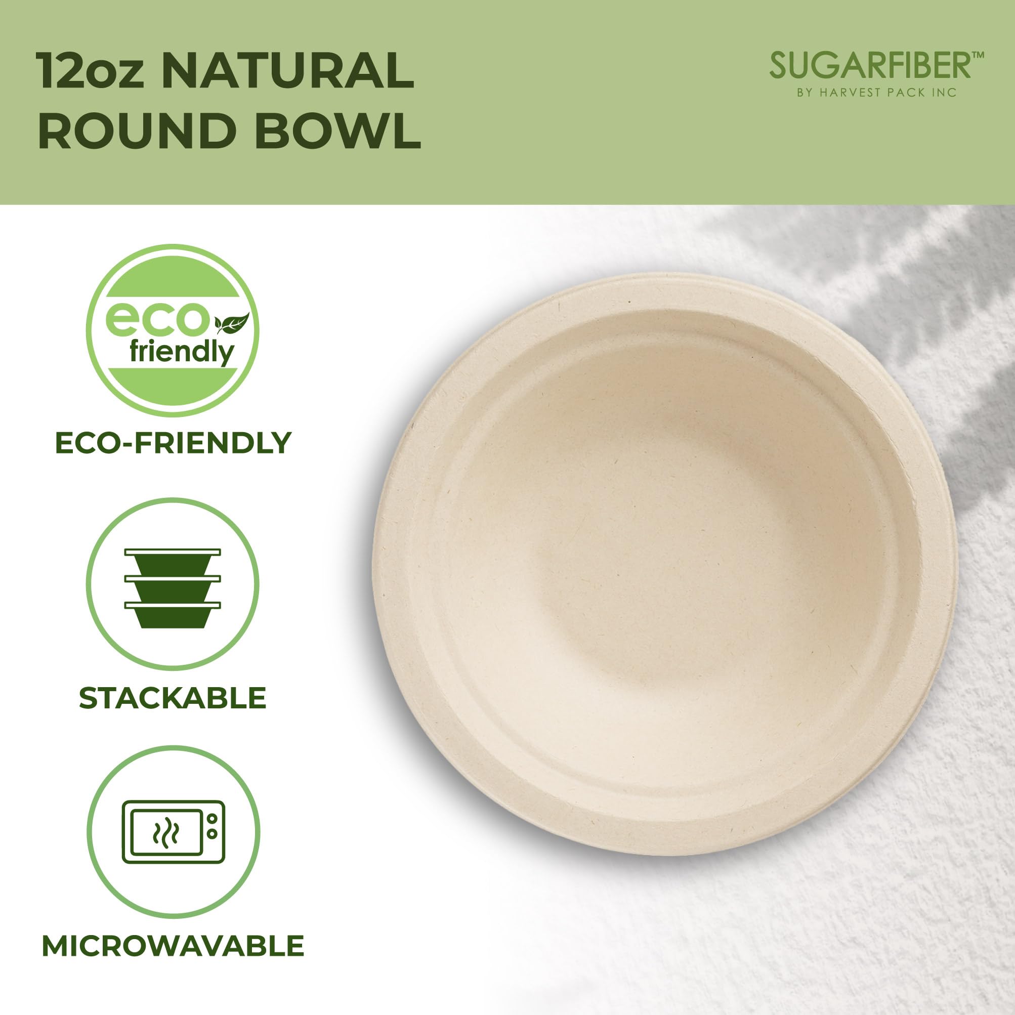 [50 Count] Harvest Pack PFAS Free 12oz Round Paper Bowls - Compostable Heavy-Duty Eco-Friendly Disposable Bagasse Bowls Sugarcane Natural Plant fibers for Meal Prep Takeout Dinnerware