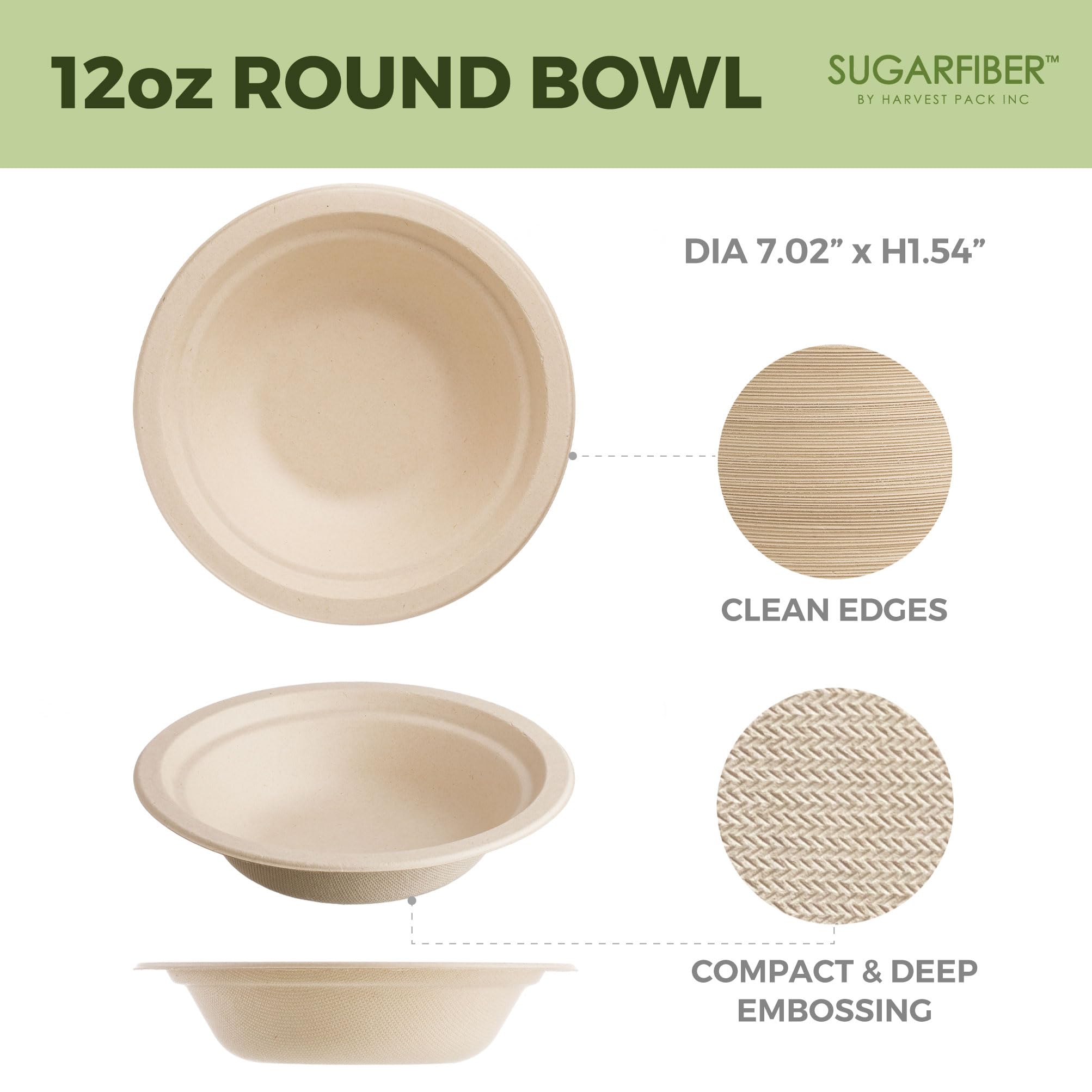 [50 Count] Harvest Pack PFAS Free 12oz Round Paper Bowls - Compostable Heavy-Duty Eco-Friendly Disposable Bagasse Bowls Sugarcane Natural Plant fibers for Meal Prep Takeout Dinnerware