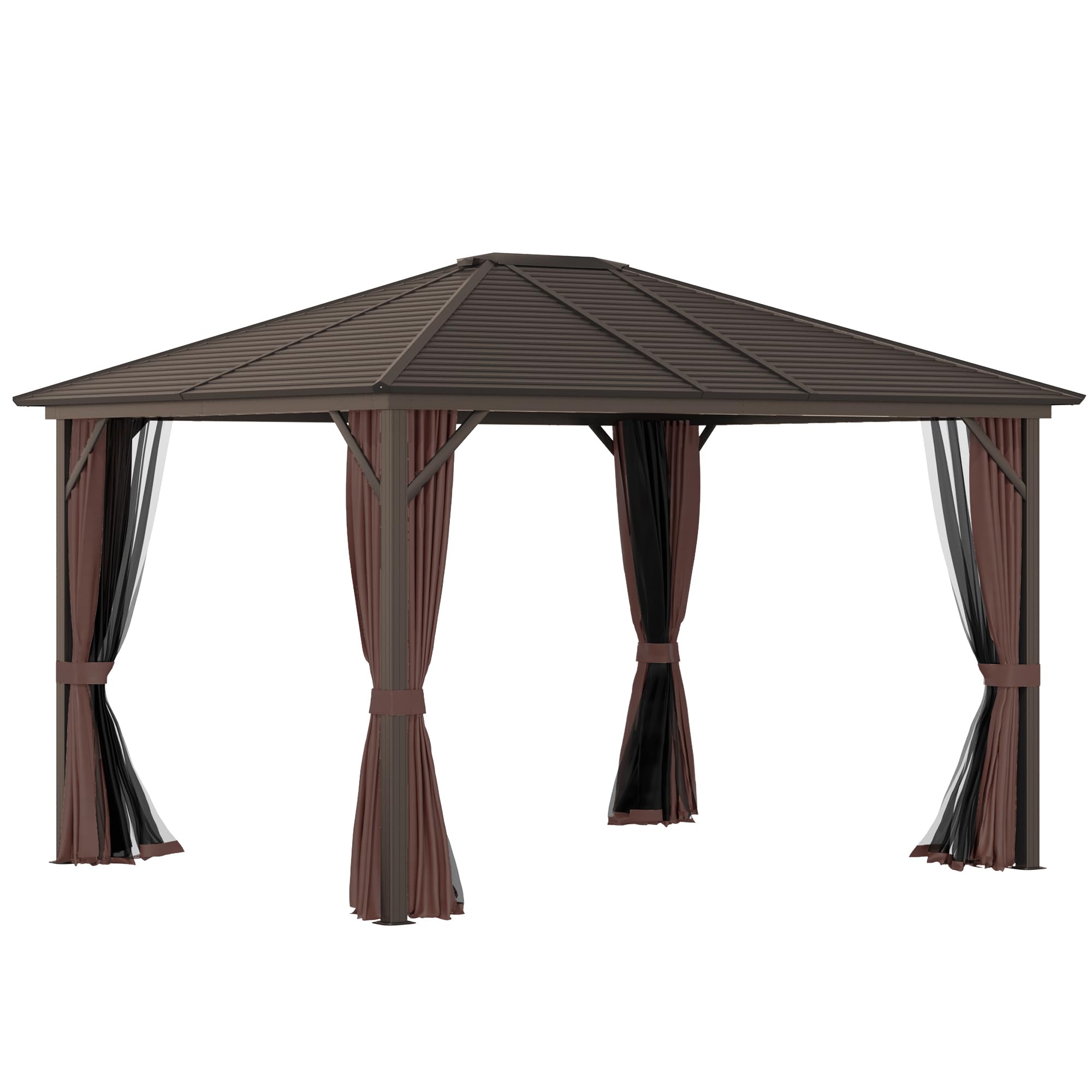 Outsunny 10' x 12' Hardtop Gazebo with Curtains and Netting, Permanent Pavilion Metal Single Roof Gazebo Canopy with Aluminum Frame and Hooks, for Garden, Patio, Backyard, Coffee Brown