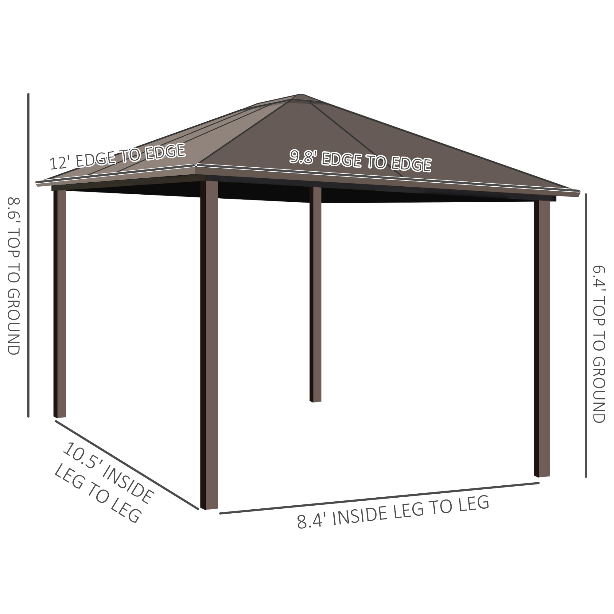 Outsunny 10' x 12' Hardtop Gazebo with Curtains and Netting, Permanent Pavilion Metal Single Roof Gazebo Canopy with Aluminum Frame and Hooks, for Garden, Patio, Backyard, Coffee Brown