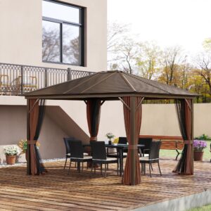 Outsunny 10' x 12' Hardtop Gazebo with Curtains and Netting, Permanent Pavilion Metal Single Roof Gazebo Canopy with Aluminum Frame and Hooks, for Garden, Patio, Backyard, Coffee Brown