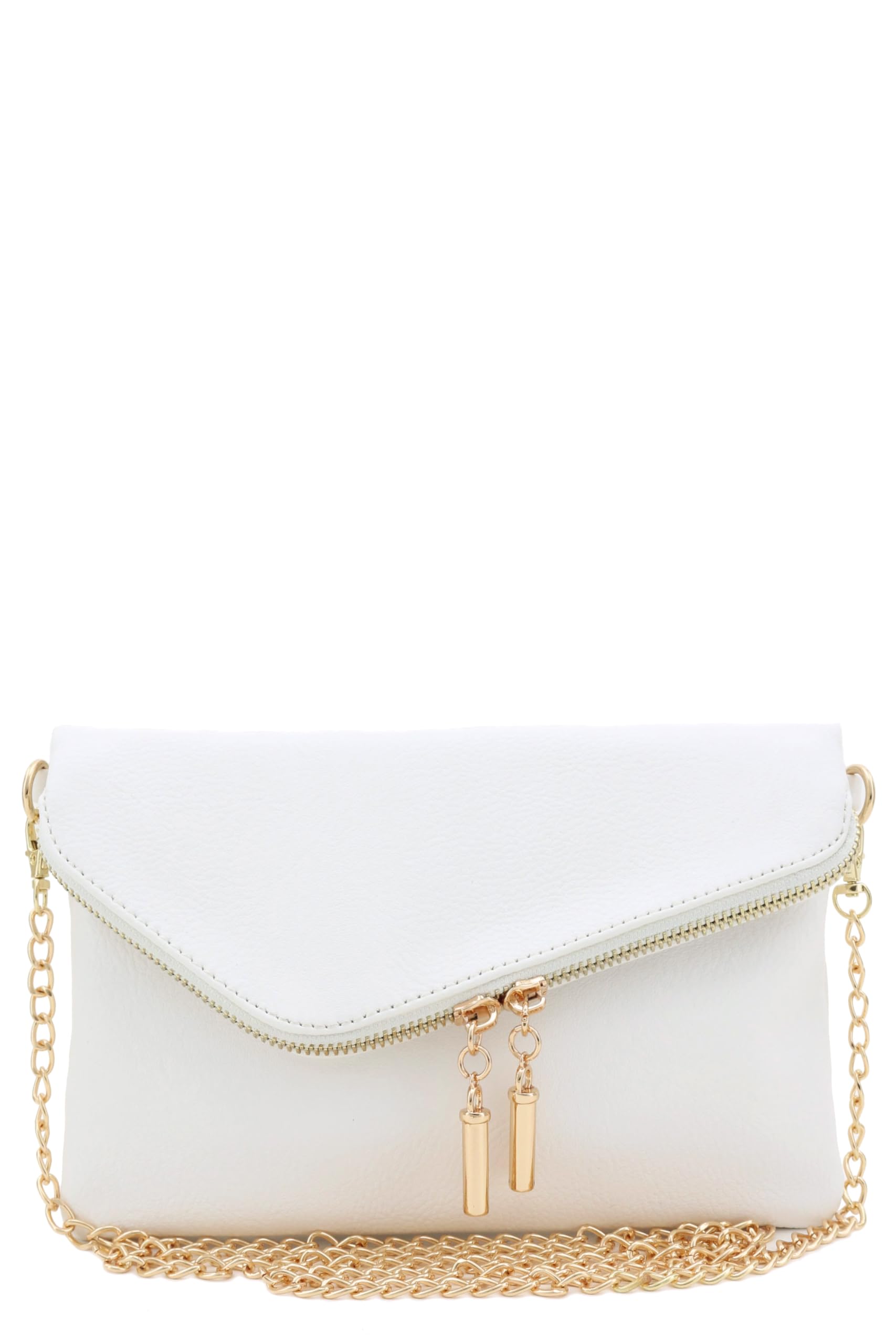 FashionPuzzle Envelope Wristlet Clutch Crossbody Bag with Chain Strap (White)