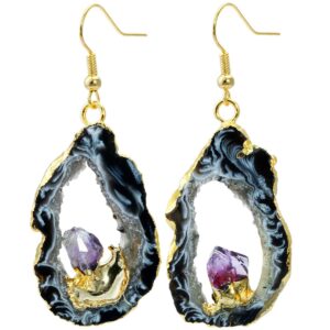 sunyik natural agate geode slice quartz druzy dangle earrings,with amethyst crystal,gold plated drop earring