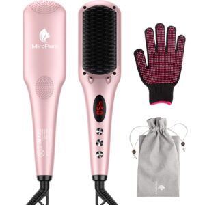 enhanced hair straightener heat brush by miropure, 2-in-1 ceramic ionic straightening brush, hot comb with anti-scald feature, auto temperature lock & auto-off function (pink) 4 piece set