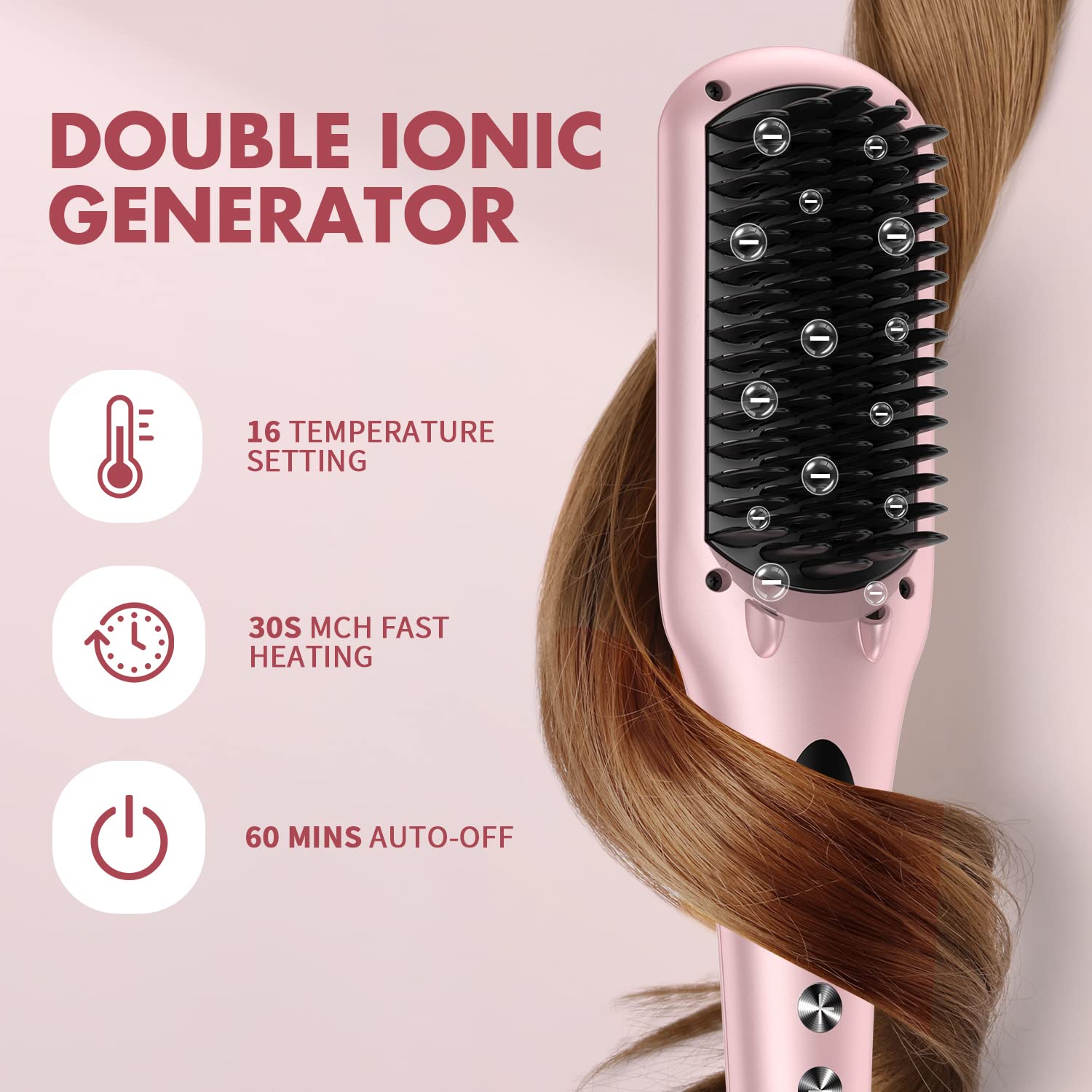 Enhanced Hair Straightener Heat Brush by MiroPure, 2-in-1 Ceramic Ionic Straightening Brush, Hot Comb with Anti-Scald Feature, Auto Temperature Lock & Auto-Off Function (Pink) 4 Piece Set