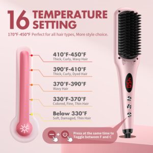 Enhanced Hair Straightener Heat Brush by MiroPure, 2-in-1 Ceramic Ionic Straightening Brush, Hot Comb with Anti-Scald Feature, Auto Temperature Lock & Auto-Off Function (Pink) 4 Piece Set