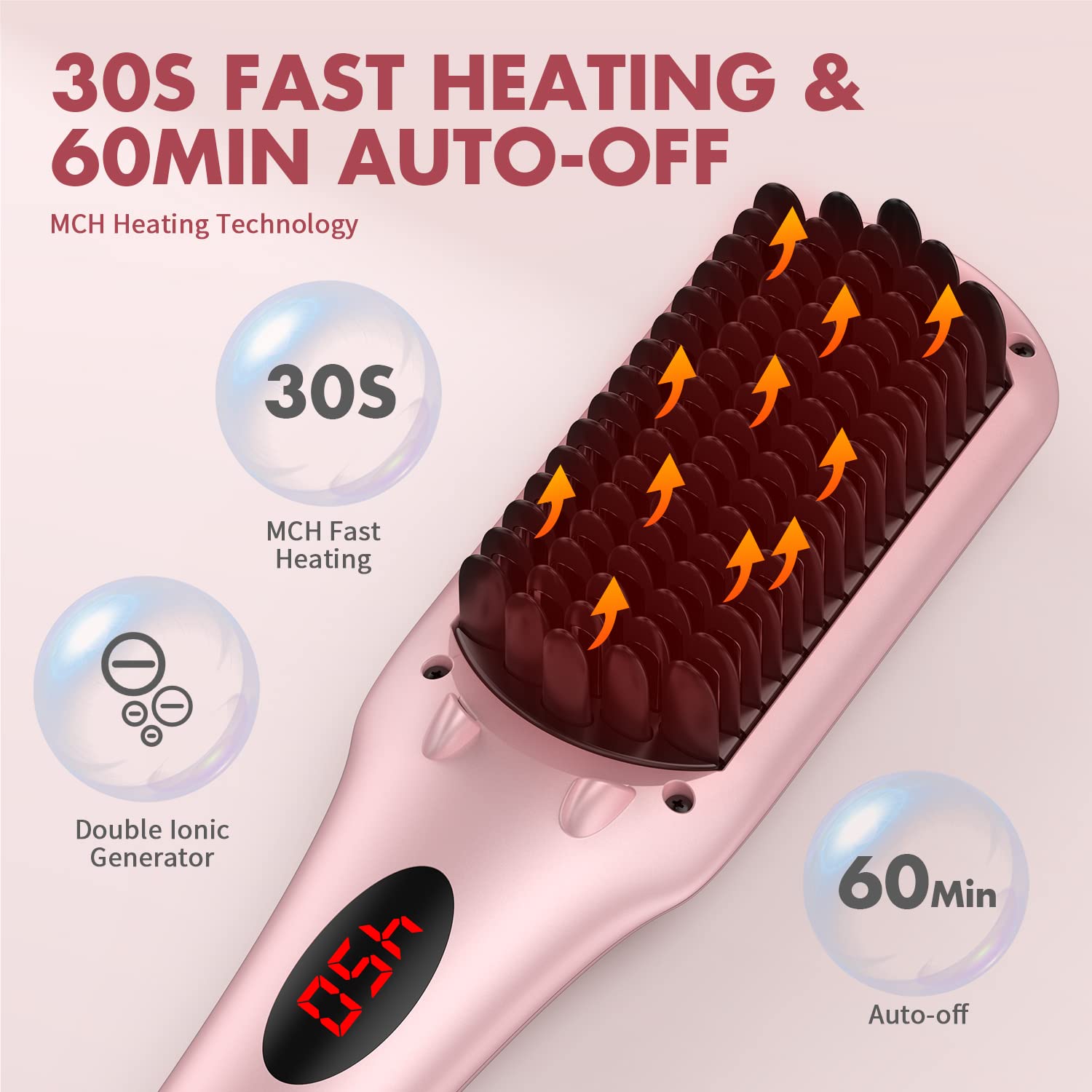 Enhanced Hair Straightener Heat Brush by MiroPure, 2-in-1 Ceramic Ionic Straightening Brush, Hot Comb with Anti-Scald Feature, Auto Temperature Lock & Auto-Off Function (Pink) 4 Piece Set