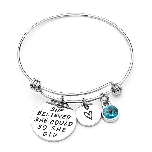 LIUANAN Stainless Steel Inspirational Encouragement Bracelet She Believed She Could So She Did Expandable Bangle Birthstone Charm Cuff Bracelet