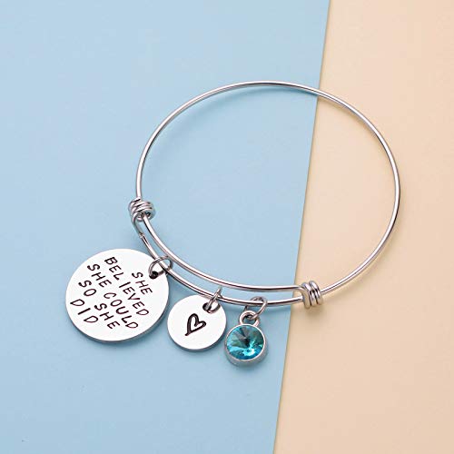 LIUANAN Stainless Steel Inspirational Encouragement Bracelet She Believed She Could So She Did Expandable Bangle Birthstone Charm Cuff Bracelet