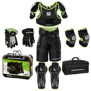 winnwell hockey protective gear set - ice hockey equipment with bag - youth hockey gear kit- shoulder, elbow, shin pads, gloves, pants & bag