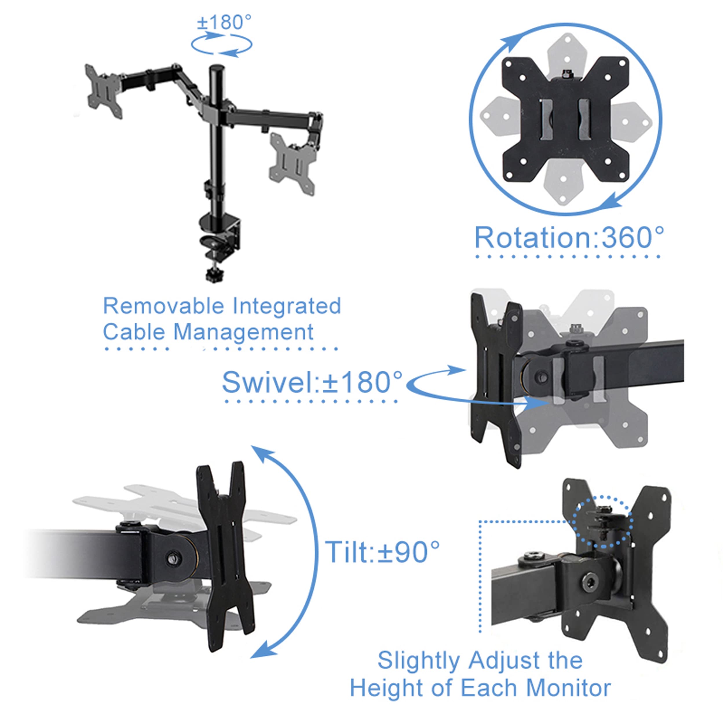 Rocelco Premium Desk Computer Monitor Mount - Standard Pattern Fits 13" - 27" LED LCD Dual Flat Screen - Double Articulated Full Motion Adjustable Arm - Grommet and C Clamp - Black (R DM2)