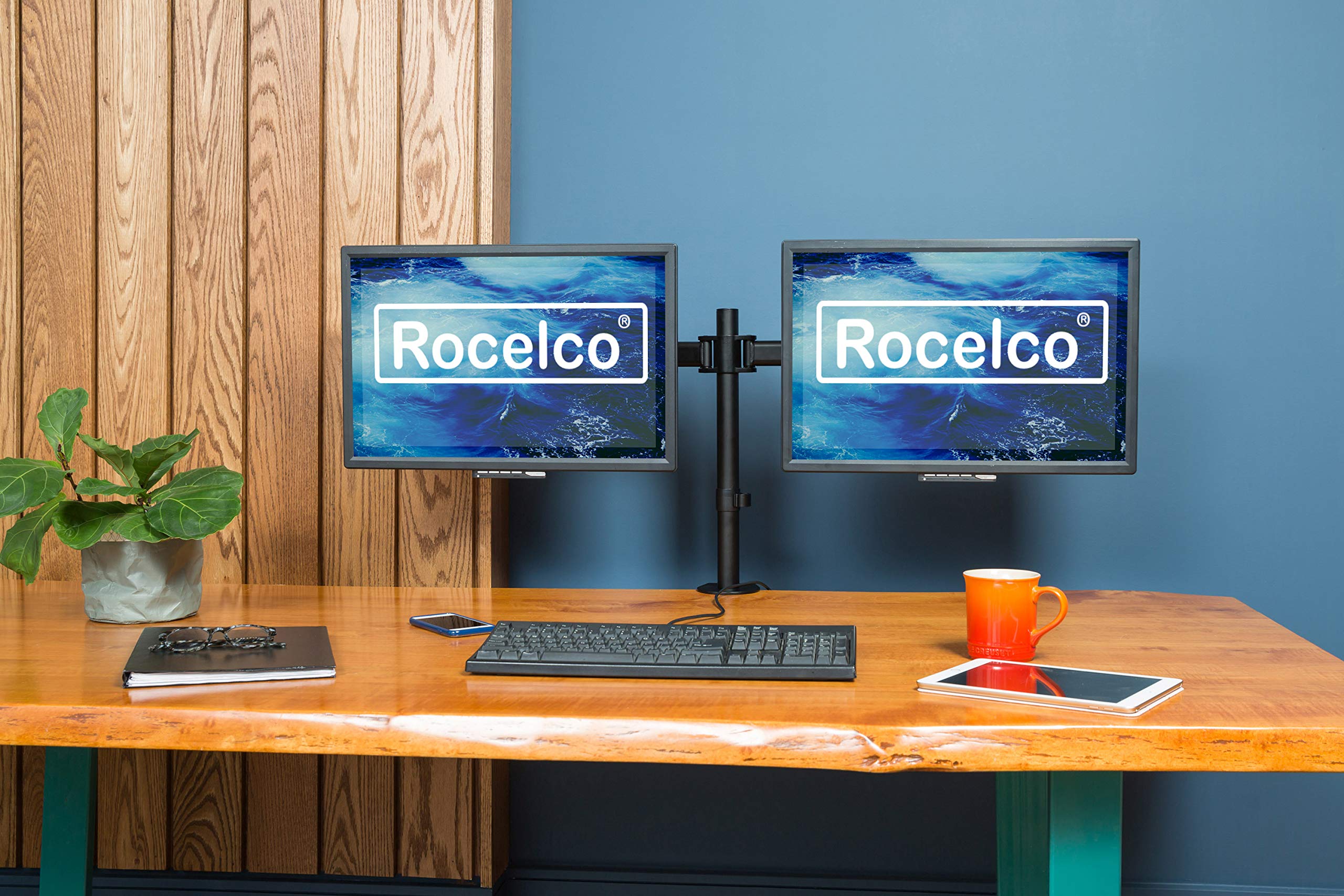 Rocelco Premium Desk Computer Monitor Mount - Standard Pattern Fits 13" - 27" LED LCD Dual Flat Screen - Double Articulated Full Motion Adjustable Arm - Grommet and C Clamp - Black (R DM2)