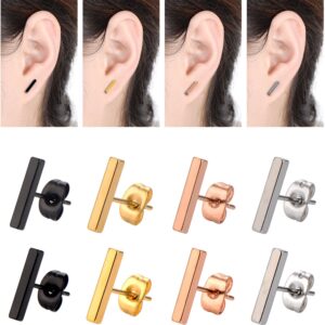 Mudder 4 Pairs Stud Earrings Stainless Steel Line Stick Stud Earring Rectangle Bar Stud for Men and Women, 4 Colors