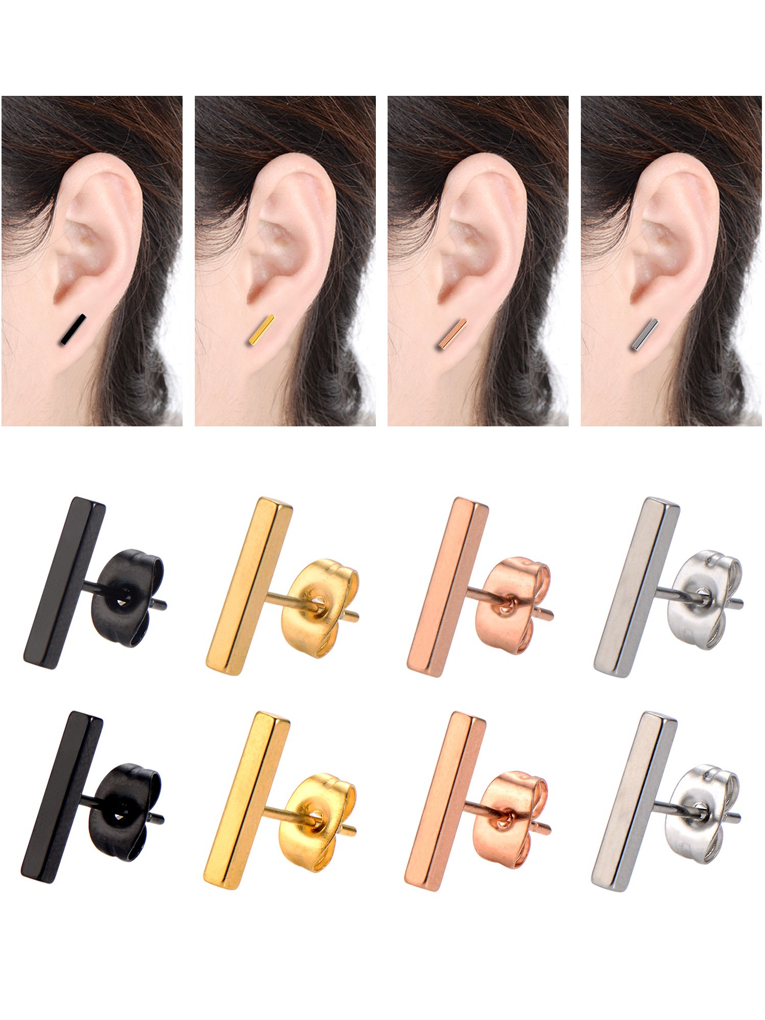 Mudder 4 Pairs Stud Earrings Stainless Steel Line Stick Stud Earring Rectangle Bar Stud for Men and Women, 4 Colors