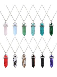 eboot womens 12 pieces hexagonal chakra crystal bullet shape gemstone pendant necklaces pointed quartz stone chain necklaces artificial stone with storage bag (soft color set)