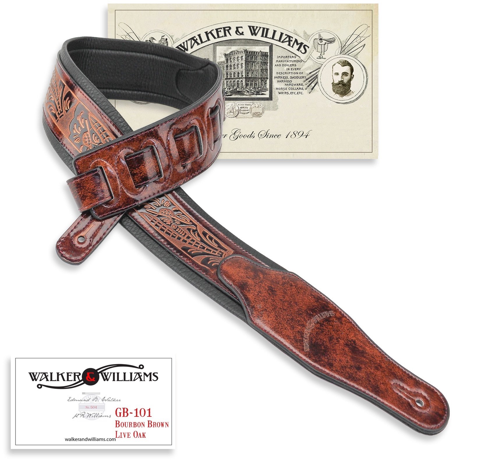 Walker & Williams GB-101 Bourbon Brown Handmade Padded Leather Strap Classic Live Oak Pattern For Acoustic, Electric, And Bass Guitars