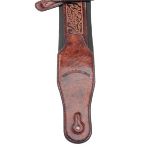 Walker & Williams GB-101 Bourbon Brown Handmade Padded Leather Strap Classic Live Oak Pattern For Acoustic, Electric, And Bass Guitars