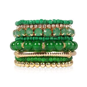 riah fashion multi color stretch beaded stackable bracelets - layering bead strand statement wrap bangles (original - dark green, 7.0 inches)