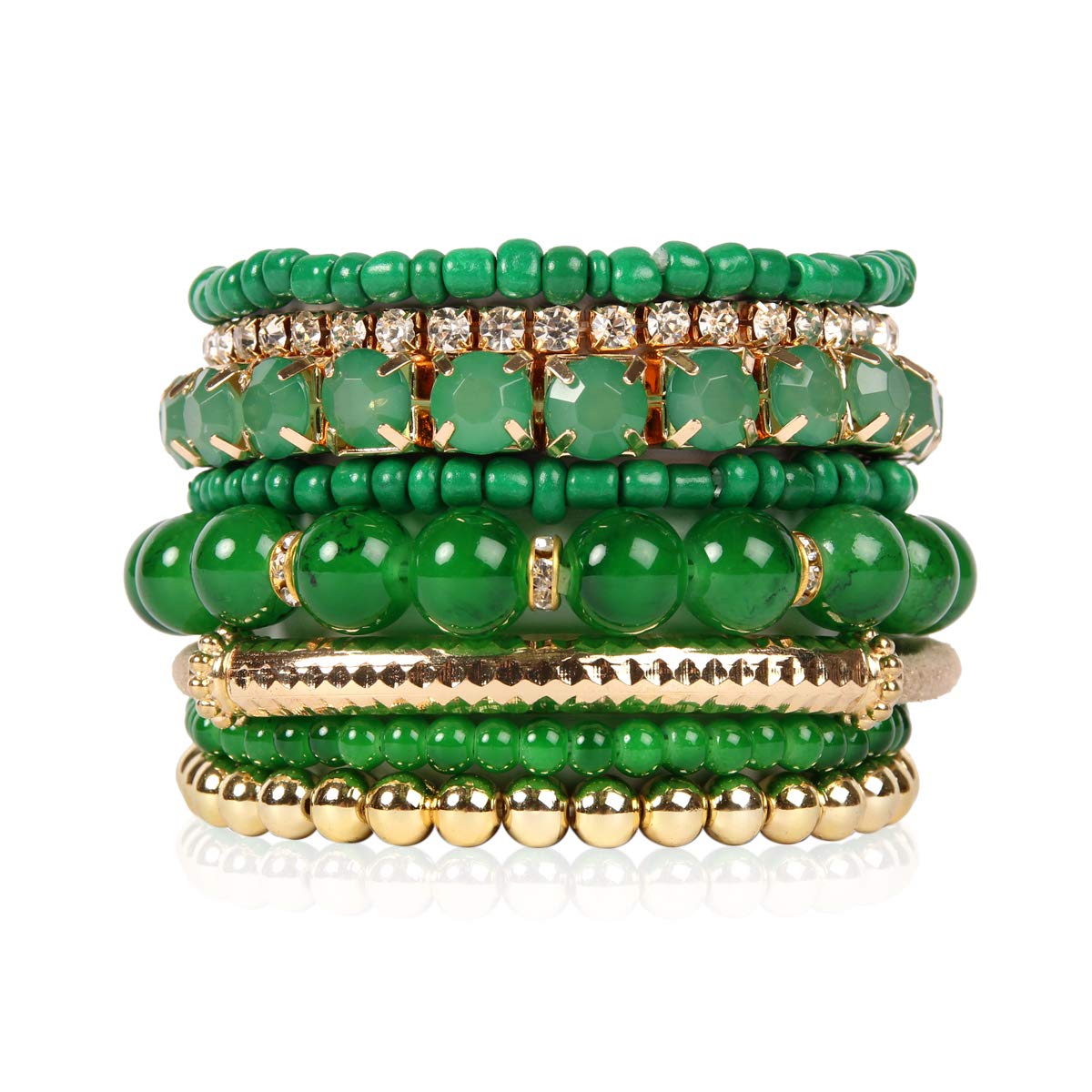 RIAH FASHION Multi Color Stretch Beaded Stackable Bracelets - Layering Bead Strand Statement Wrap Bangles (Original - Dark Green, 7.0 Inches)