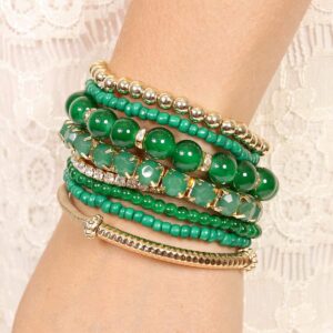 RIAH FASHION Multi Color Stretch Beaded Stackable Bracelets - Layering Bead Strand Statement Wrap Bangles (Original - Dark Green, 7.0 Inches)