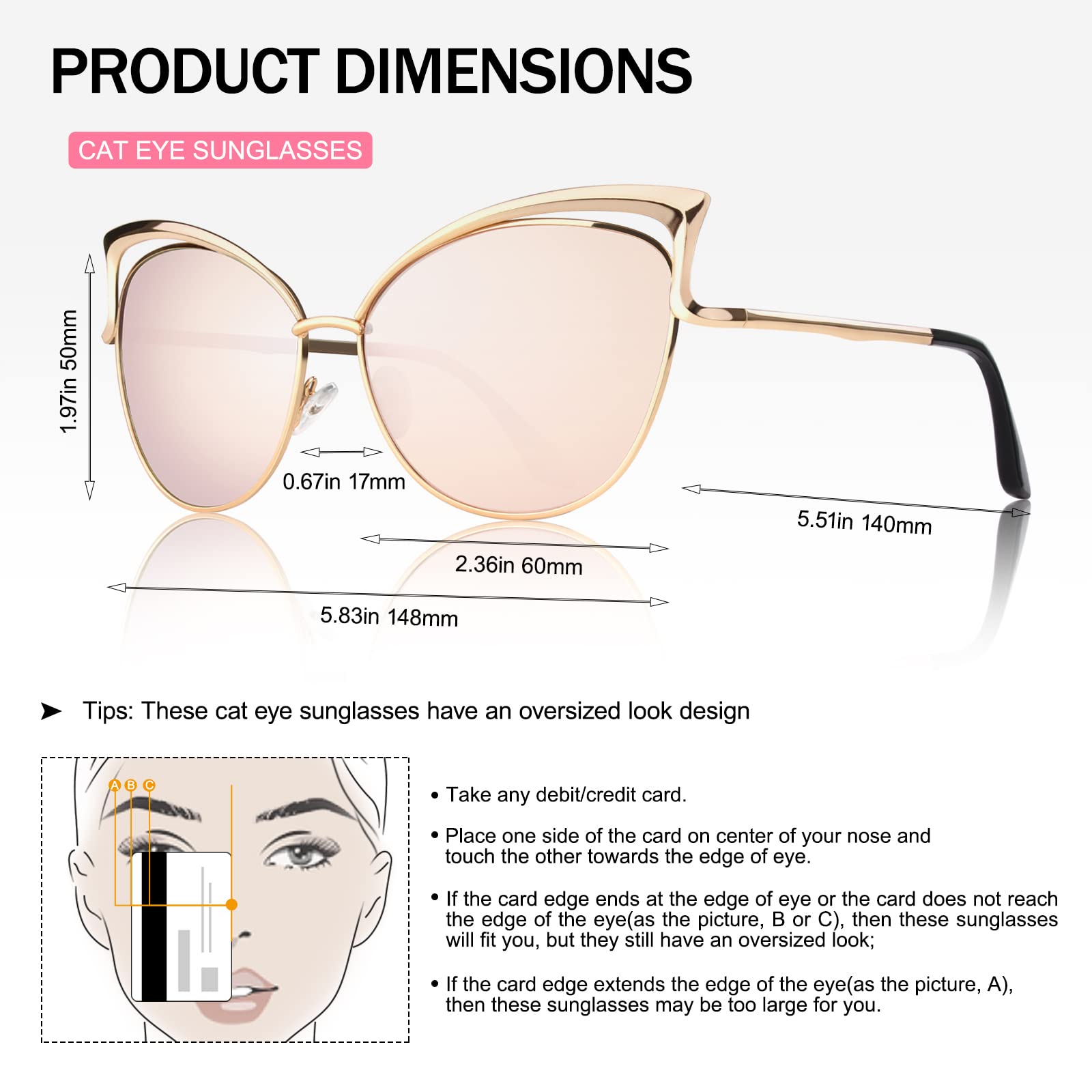 GQUEEN Trendy Oversized Sunglasses Women Polarized Cat Eye Mirrored Reflective Cute Rose Gold Pink UV400 Protection