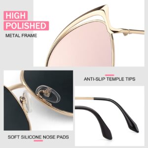 GQUEEN Trendy Oversized Sunglasses Women Polarized Cat Eye Mirrored Reflective Cute Rose Gold Pink UV400 Protection