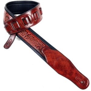 walker & williams gb-106 bourbon red brushed finish guitar strap with padded glove leather back and classic live oak pattern for acoustic, electric, and bass guitars