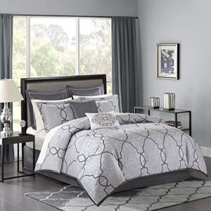 madison park lavine cozy bed in a bag comforter set, traditional luxe jacquard design all season down alternative bedding with cotton bed sheets, bed skirt & pillows, queen silver 12 piece