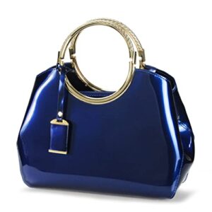 hoxis charm glossy metal grip structured shoulder handbag top handle patent leather handbags for women (navy)