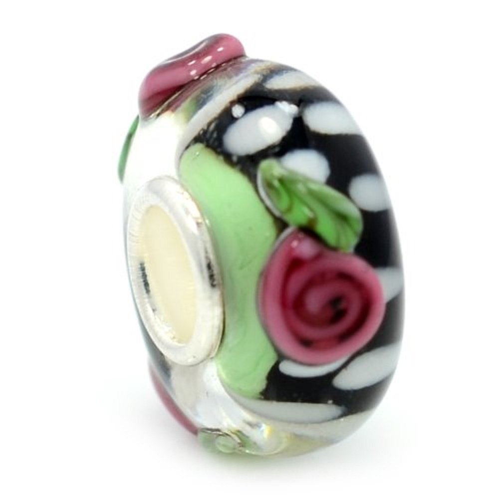 ICYROSE Solid 925 Sterling Silver Green and Black & White Polka Dot Background with 3D Roses Glass Charm Bead for European Snake Chain Bracelets