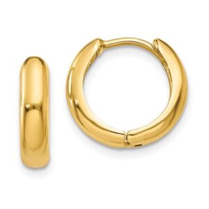 tiny 14k yellow gold huggie hinged hoop earrings, 0.5 in (12mm) (3mm tube)