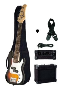 raptor eb38co-ts 3/4 size kids junior 4 string electric p bass package, tobacco-burst with gig bag, strap, cable, pick, 5 w amp, 38" l