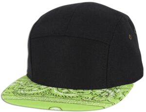 bandana brim paisley money camouflage camper 5 panel strapback buckle hat cap (black/lime green aisley)