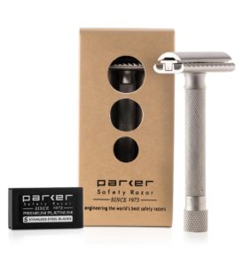 the parker variant adjustable double edge safety razor, customize your shave with a turn of the dial from mild to aggressive - 5 blades included (satin chrome)