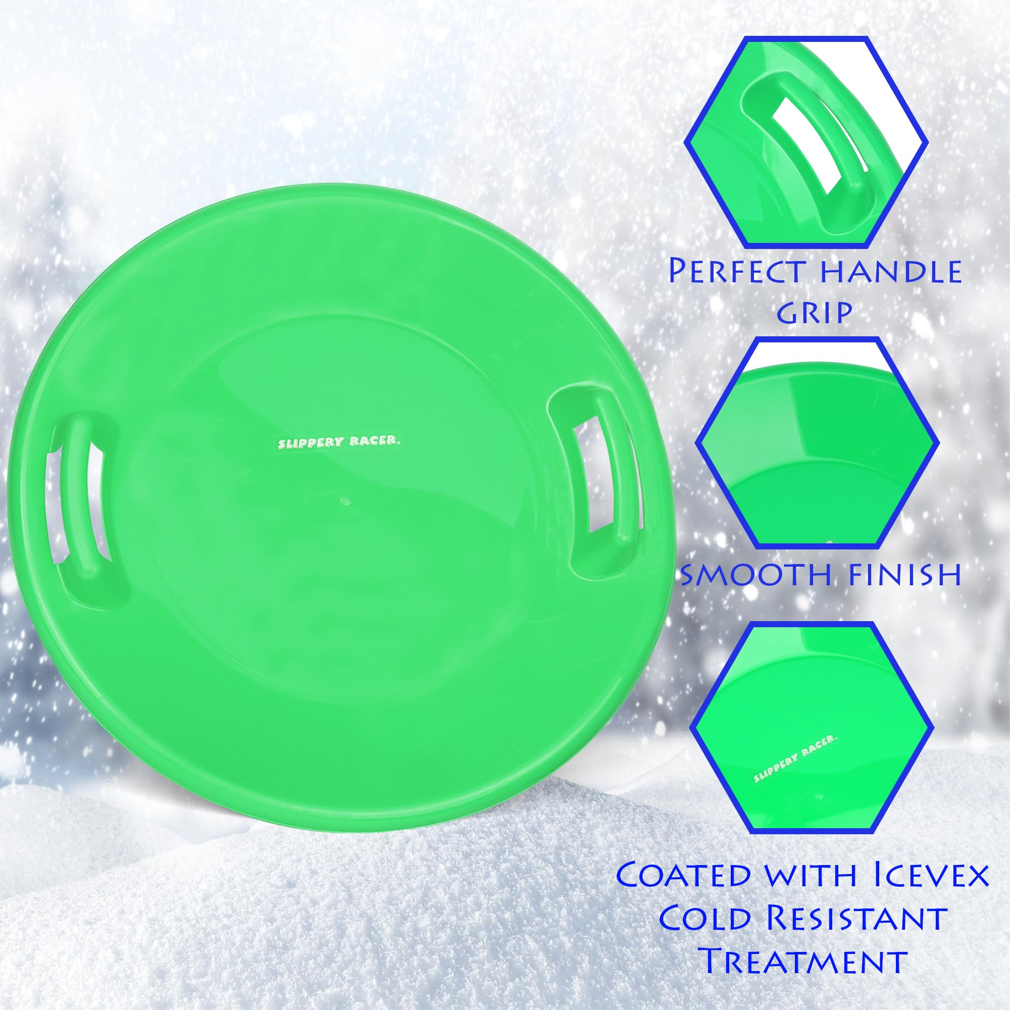 Slippery Racer Heavy-Duty Cold Resistant Downhill Pro Plastic Outdoor Winter Saucer Disc Snow Sled with Handles. (GREEN-1 PACK)