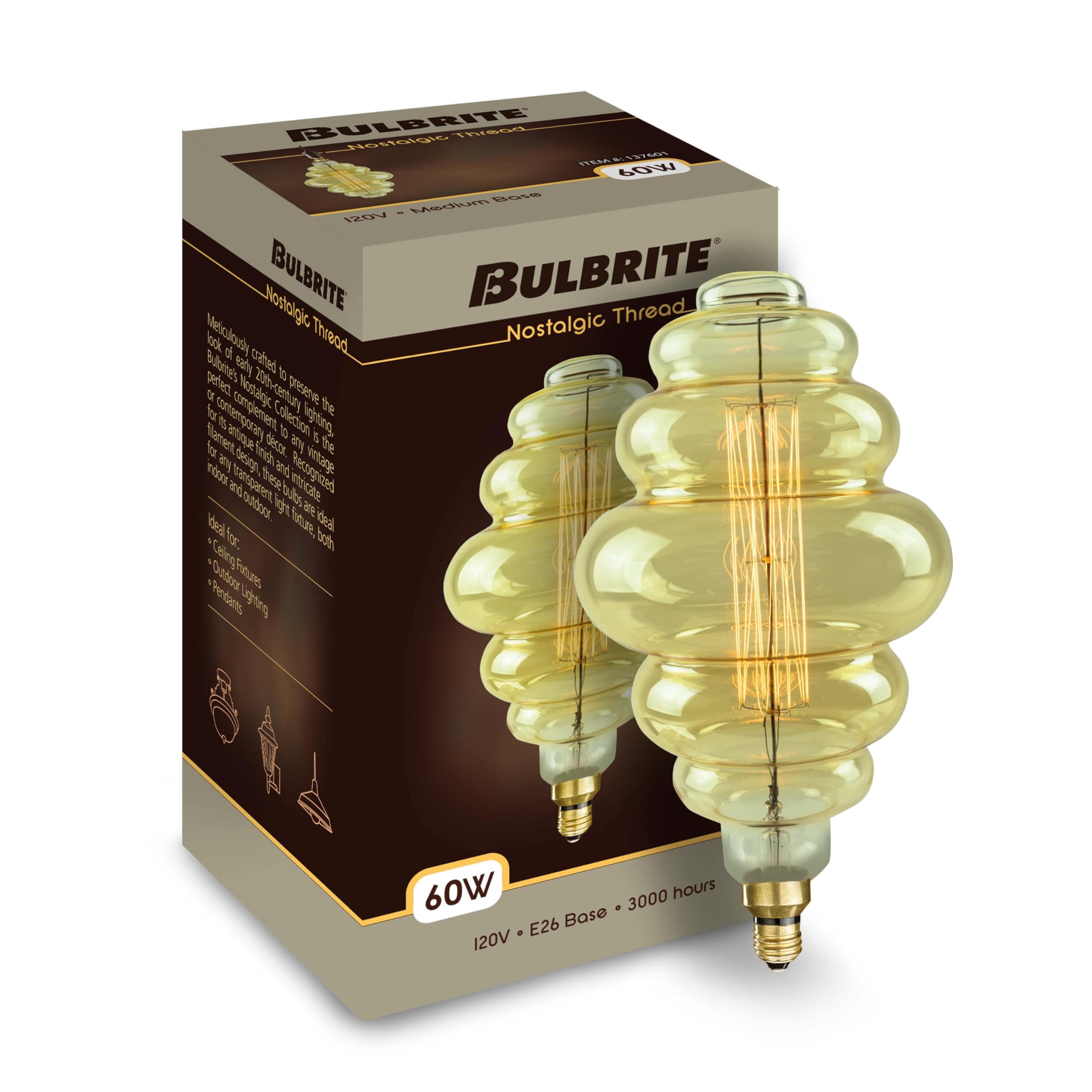 Bulbrite Nostalgic Collection Grand Nostalgics, 60 Watt, Incandescent, Dimmable, Beehive, E26 Standard Base, 2200K (Amber Light) Oversized Light Bulb, Antique, (Pack of 1), Warm White, (137601)