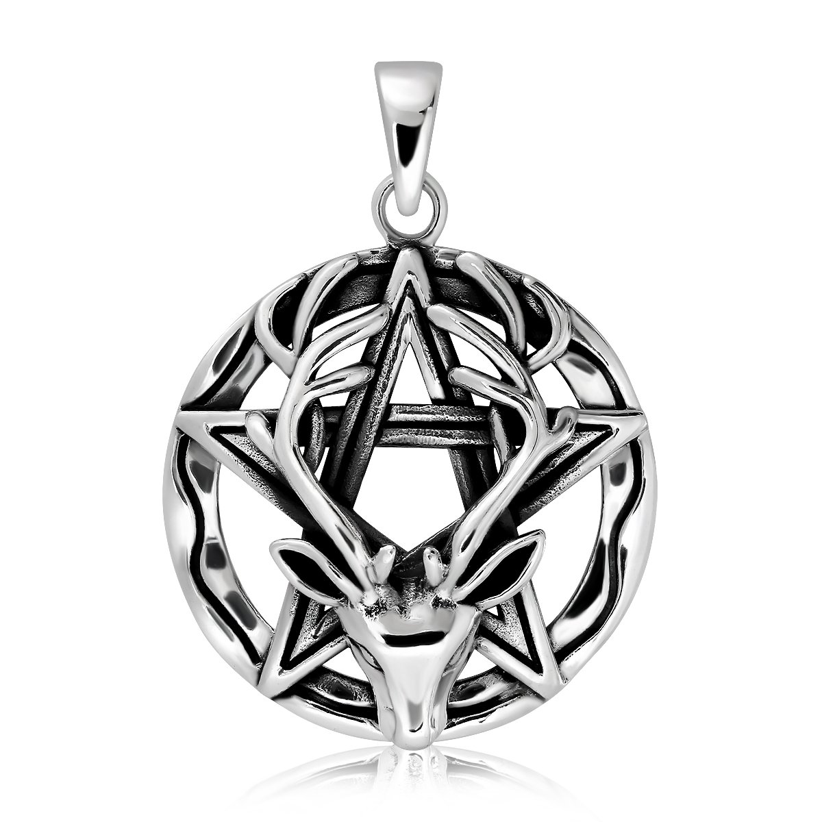 WithLoveSilver Sterling Silver 925 Wiccan Pentagram Pentacle Reindeer Horned God Cernunnos Pendant