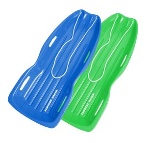 slippery racer downhill xtreme flexible adults and kids plastic toboggan snow sled for up to 2 riders with pull rope, (2 pack) (blue/green)