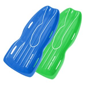 Slippery Racer Downhill Xtreme Flexible Adults and Kids Plastic Toboggan Snow Sled for Up to 2 Riders with Pull Rope, (2 Pack) (Blue/Green)