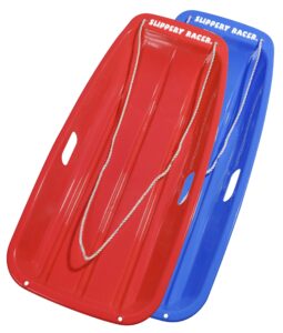 slippery racer downhill sprinter flexible kids toddler plastic toboggan snow sled with pull rope for 1 adult or kid rider, red and blue (2 pack)